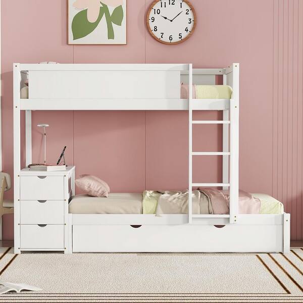 Harper Bright Designs White Twin over Twin Wood Bunk Bed with 3 Drawer Built in Desk USB Charging Station and Twin Size Trundle QMY262AAK T The Home Depot
