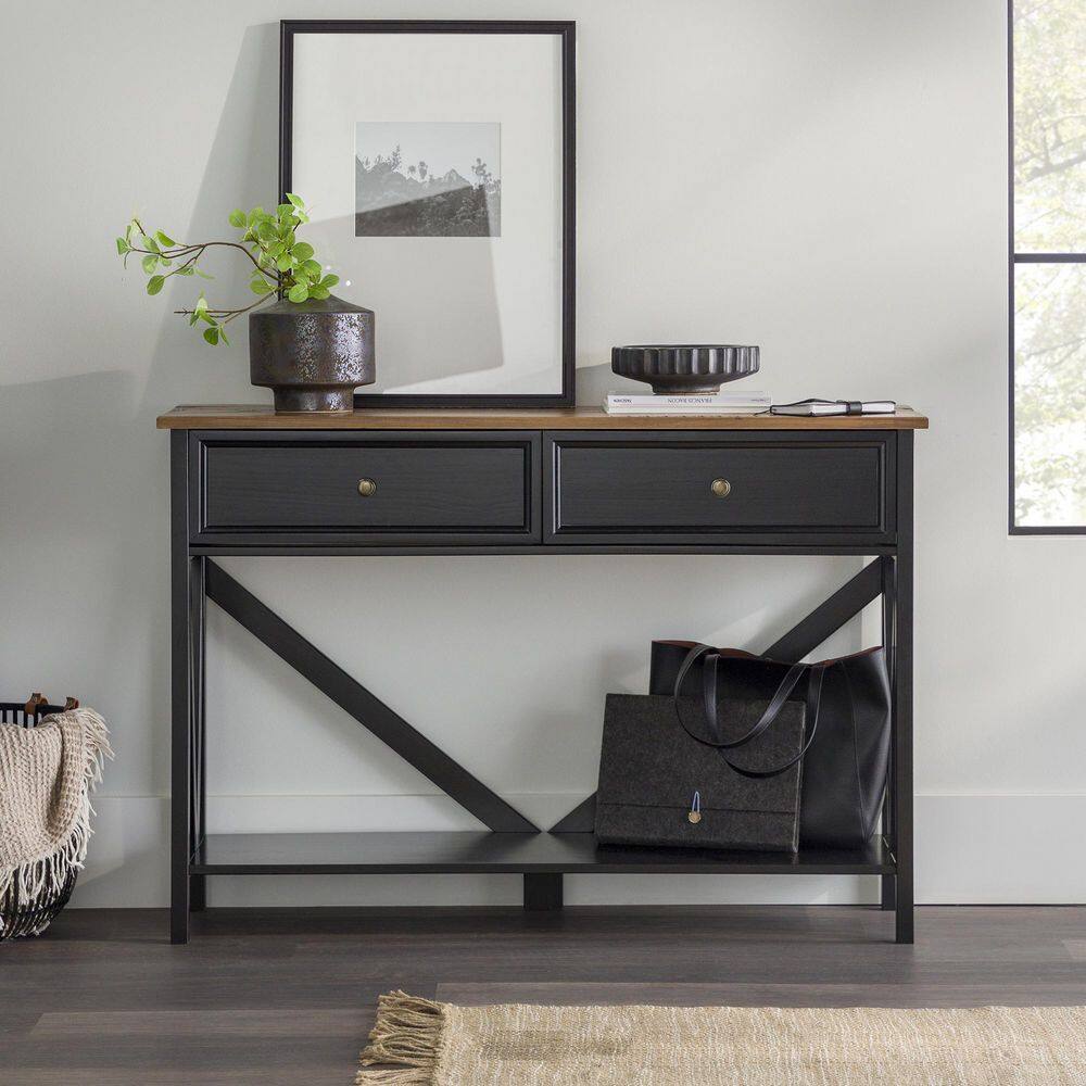 Welwick Designs 48 in. Rustic Oak/Black Solid Wood Farmhouse 2-Drawer ...