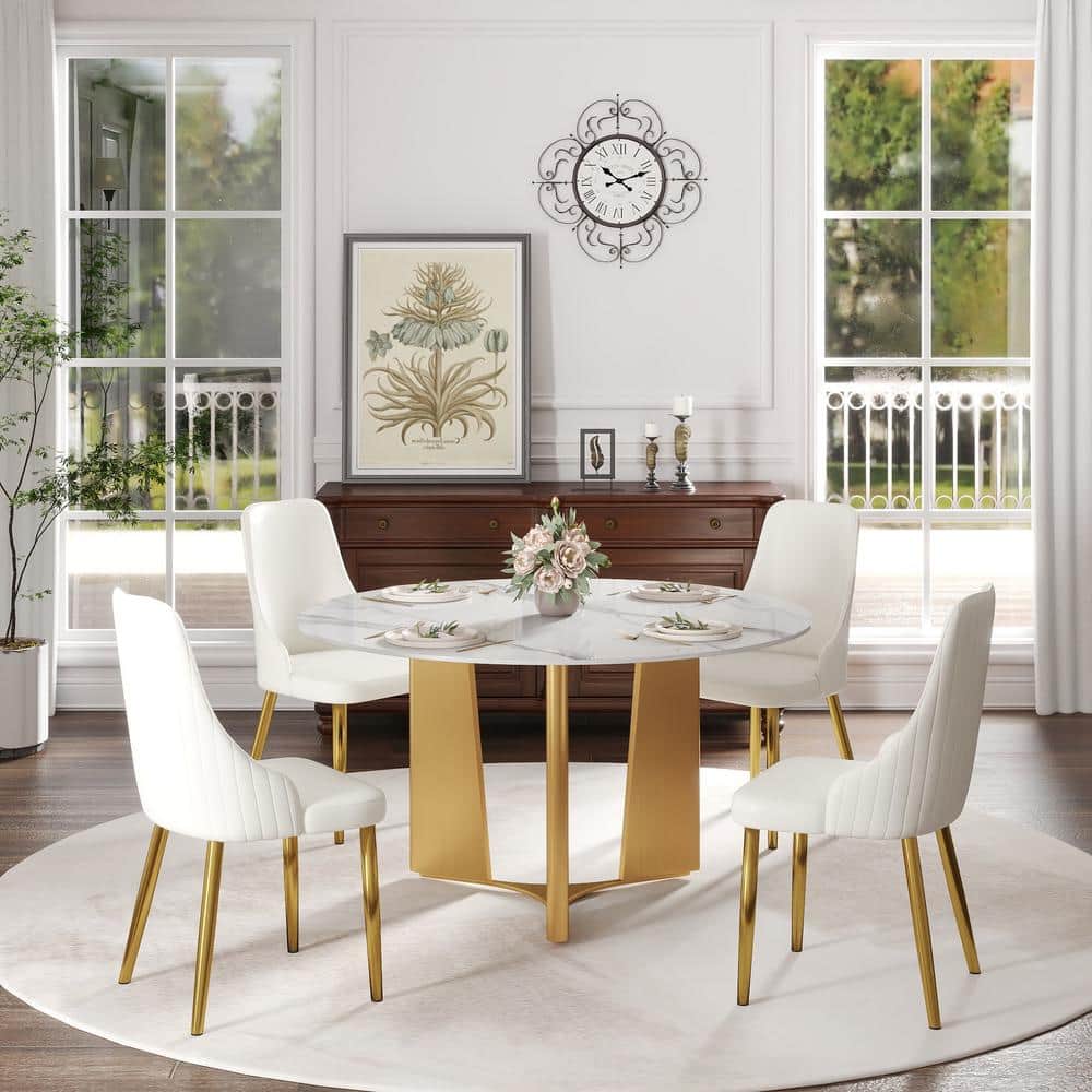 Magic Home 53 in. White Sintered Stone Tabletop with Gold Pedestal Base ...
