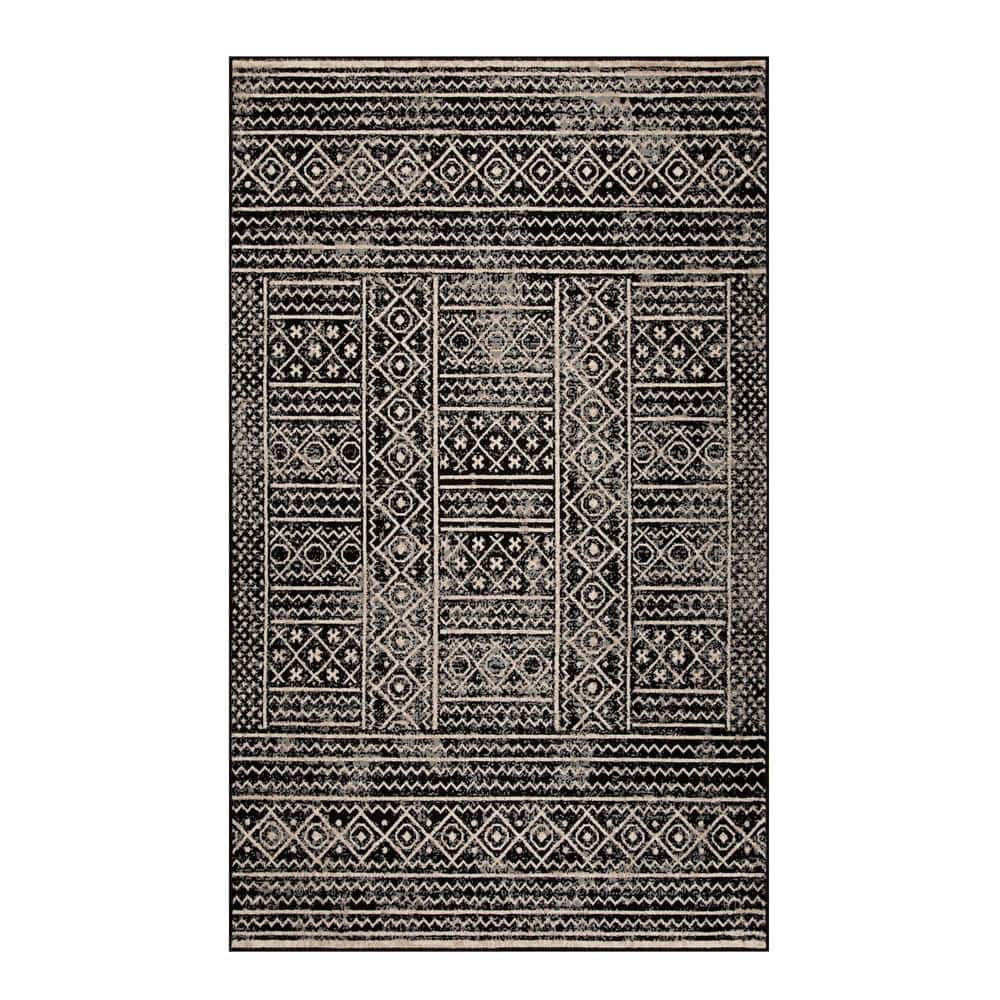 SUPERIOR Navajo Black 4 ft. x 6 ft. Floral Geometric Border Indoor Area ...