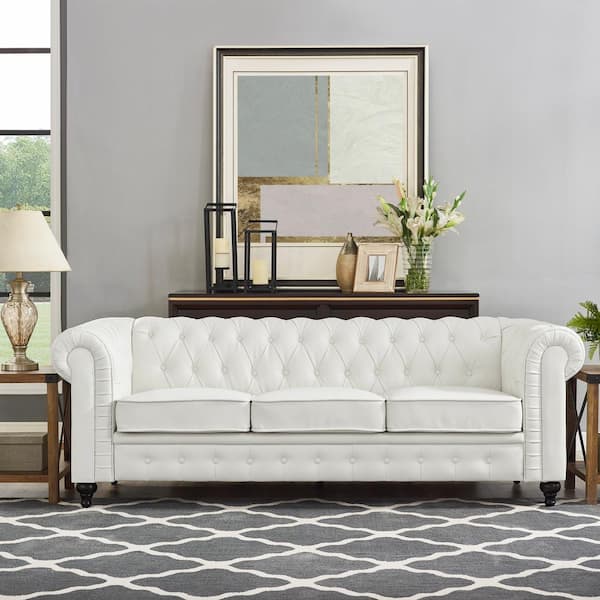 HOMESTOCK 88.5 in Wide Round Arm Faux Leather Rectangle Sofa in White ...