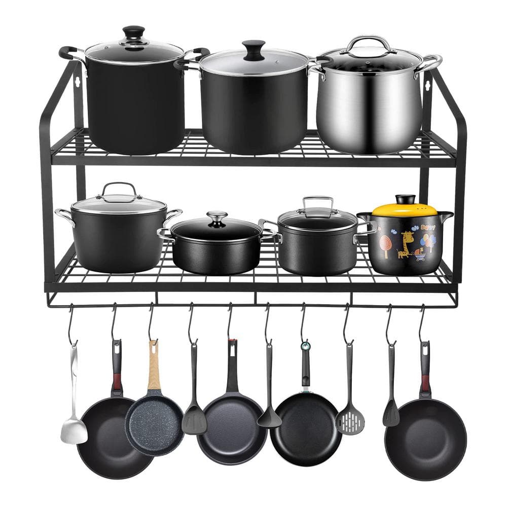 Numhew 2-Tier Black Wall Mounted Pot Rack with 10 Hooks, Hanging Pot ...
