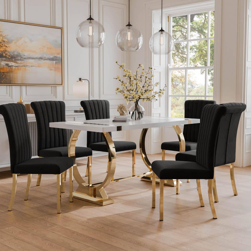 Furniture of America Kehla 7-Piece Rectangle Gold/Black Wood Top Dining ...