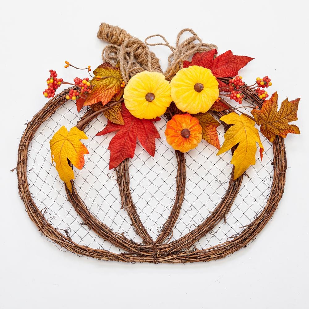 18 in. x 16 in. Flat Rattan Velvet Pumpkin Hanging Twig Decoration ...