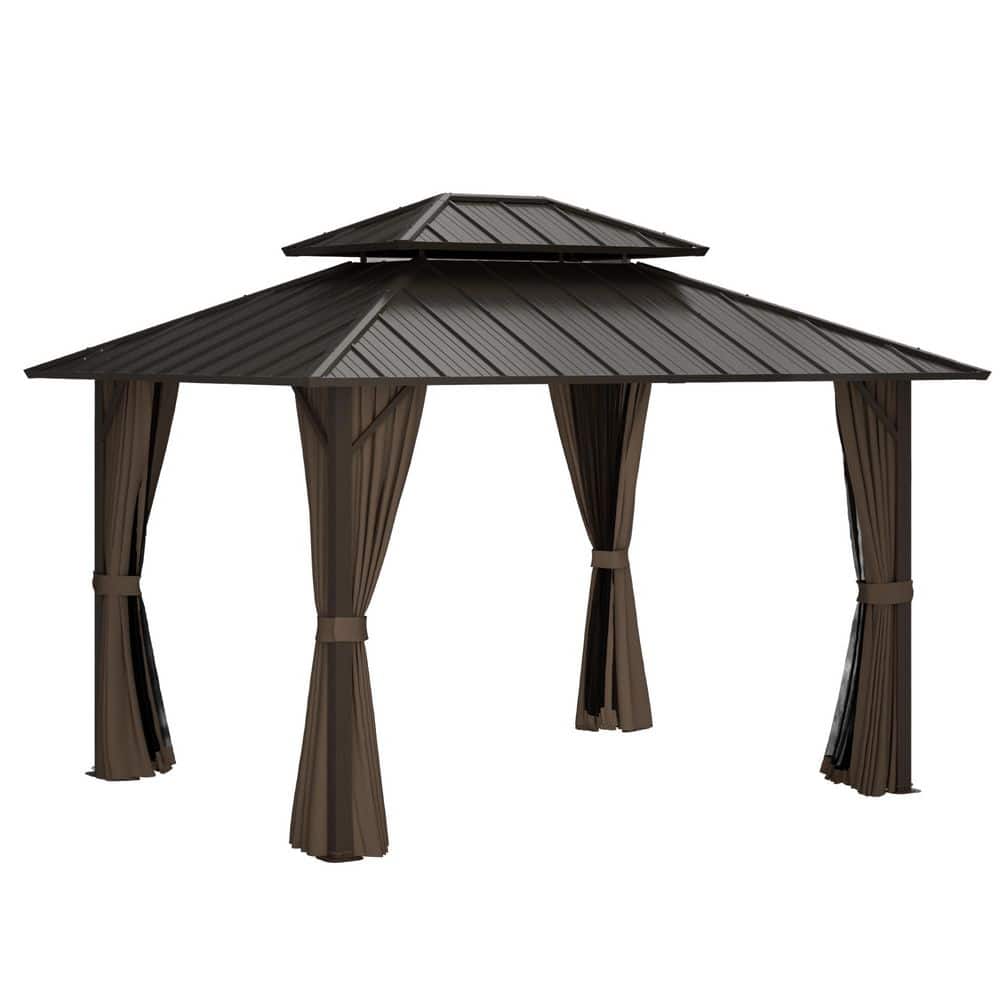 ChillPavilion 10 ft. x 12 ft. Brown Metal Double-Roof Hardtop Patio ...