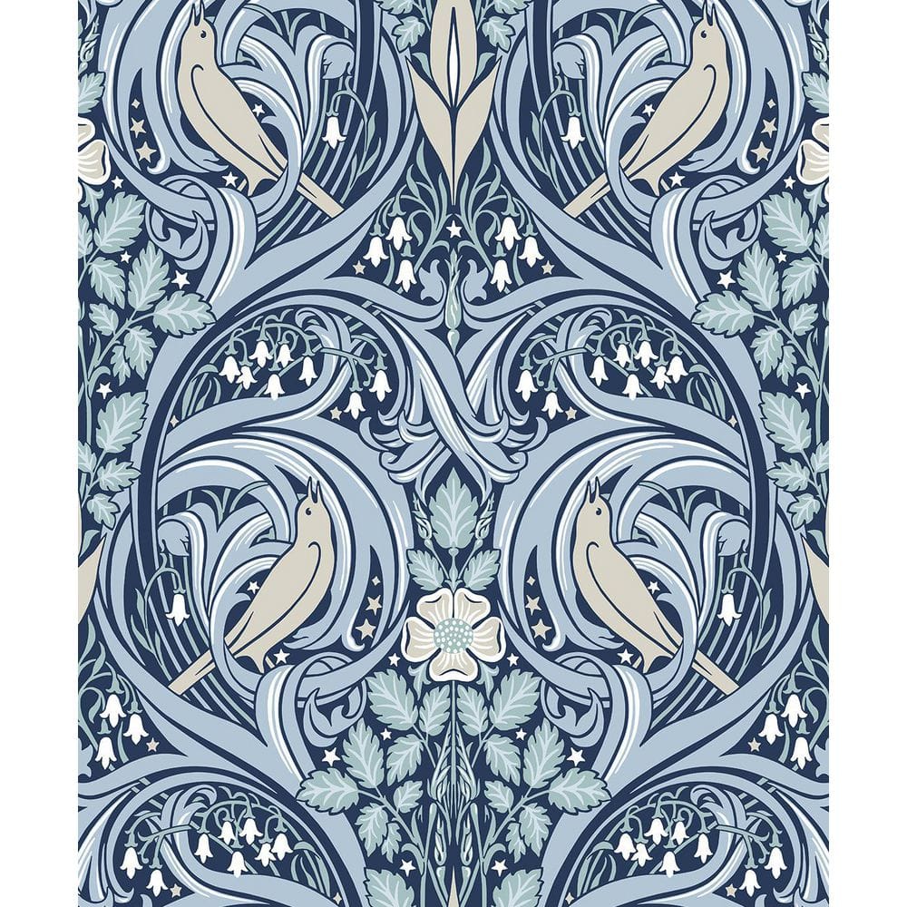Seabrook Designs 57.5 sq. ft. Denim and Blue Mist Bird Scroll Unpasted ...