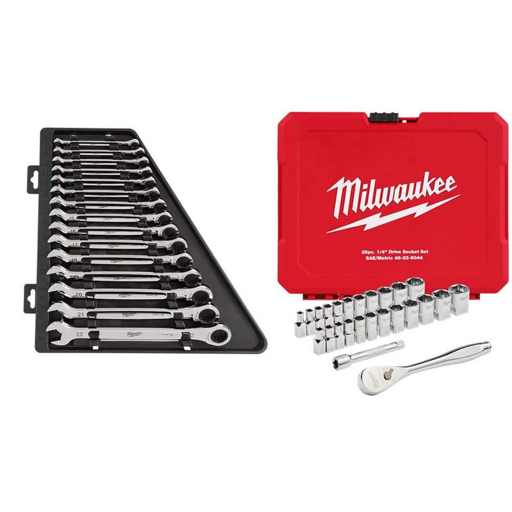 Milwaukee Metric Ratcheting Combination Wrench Set with 1/4 in. Drive SAE/Metric Ratchet and ...