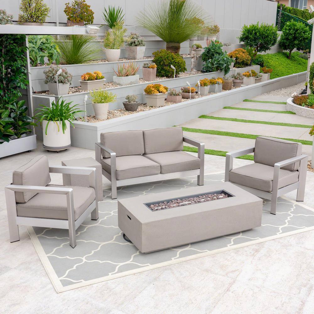 Noble House Aviara Silver 5-Piece Aluminum Patio Fire Pit Conversation ...