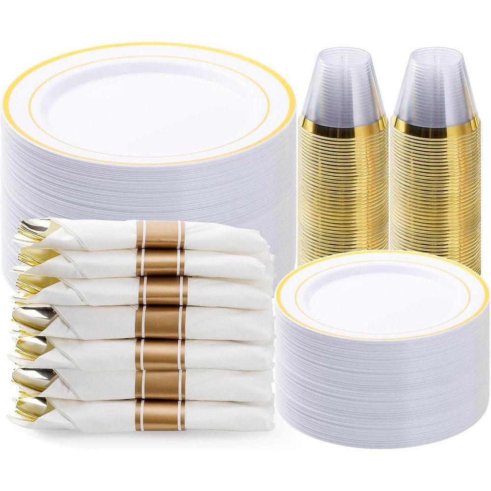 Adrinfly Gold Plastic Dinnerware Set, Disposable Party Plates for 50 ...