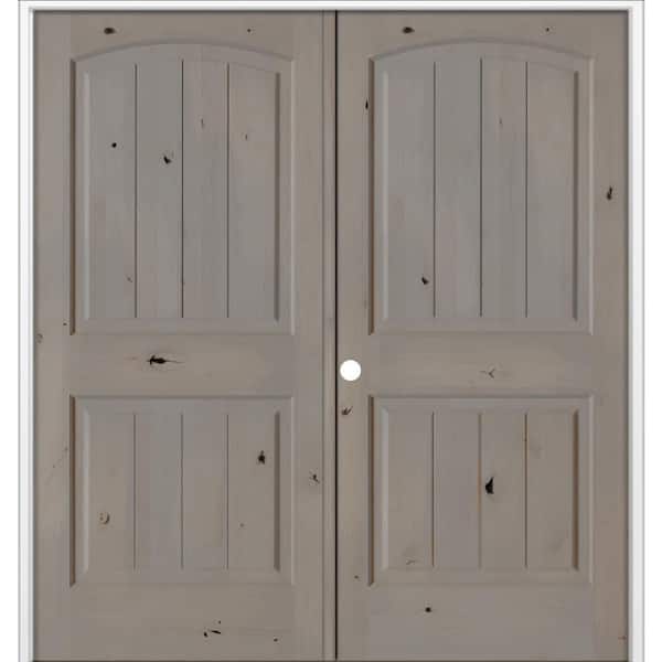 Krosswood Doors 72 in. x 80 in. Knotty Alder 2-Panel Arch Top VG Right Active Weathered Gray ...
