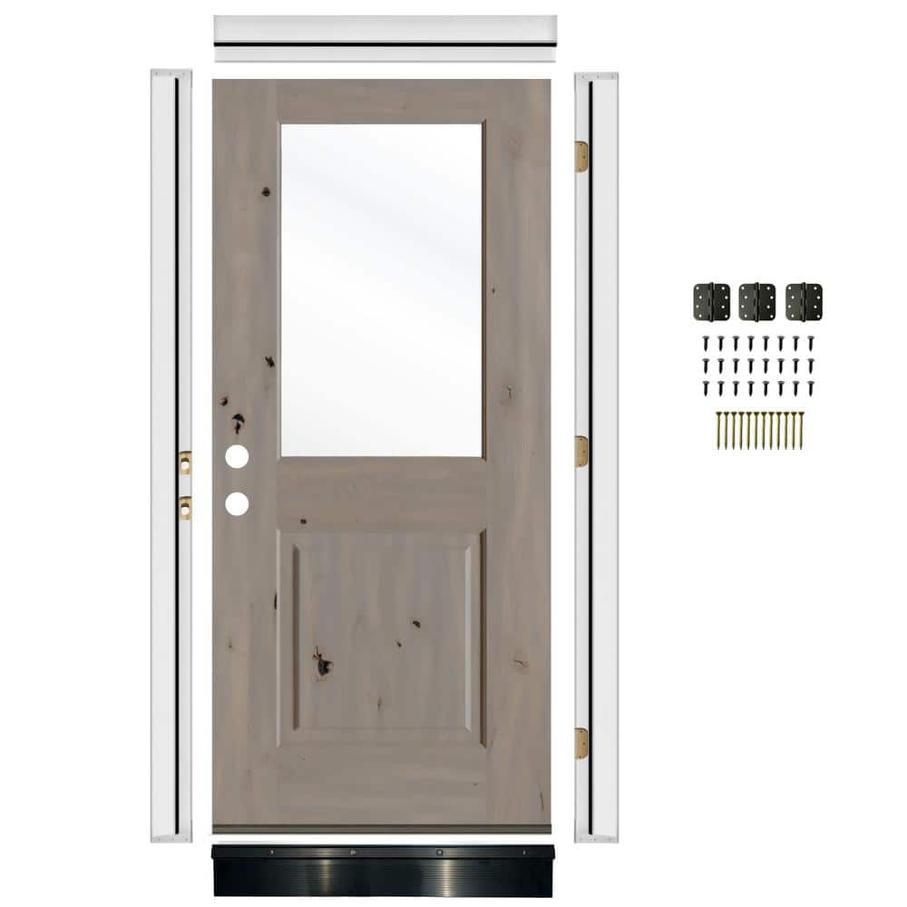 Krosswood Doors 36 in. x 80 in. Modern Farmhouse Right-Handed Half Lite Clear Glass Grey Stain ...
