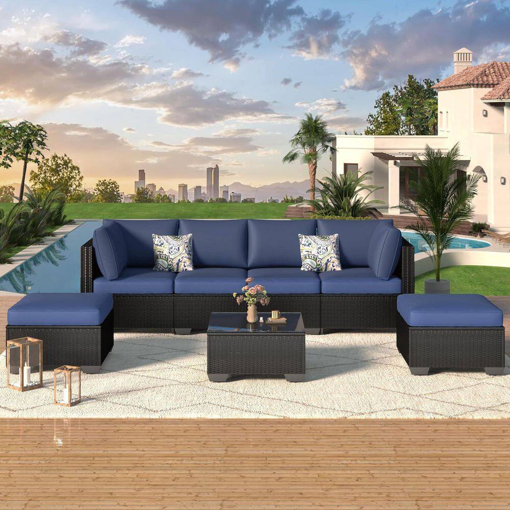 Black 7-Piece Wicker Outdoor Sectional Set, Patio Conversation Set with ...