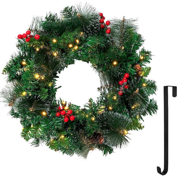 Joyfy 20 in. Artificial Christmas Wreath with 15 in. Hanger, Battery ...