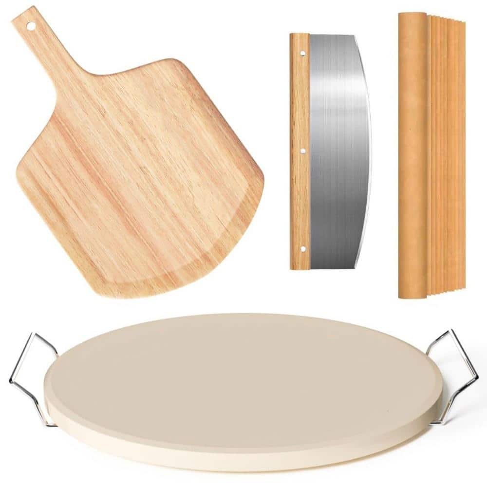 Numhew 5-Piece 13 in. Round Pizza Stone Set with Pizza Peel, Serving ...