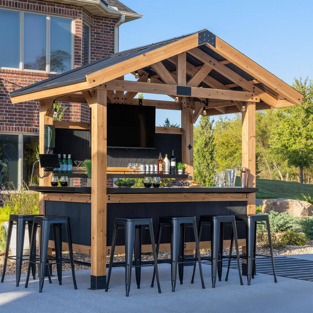 Backyard Discovery Palisade 9 ft. x 6 ft. Cedar Wood Outdoor Bar Gazebo ...