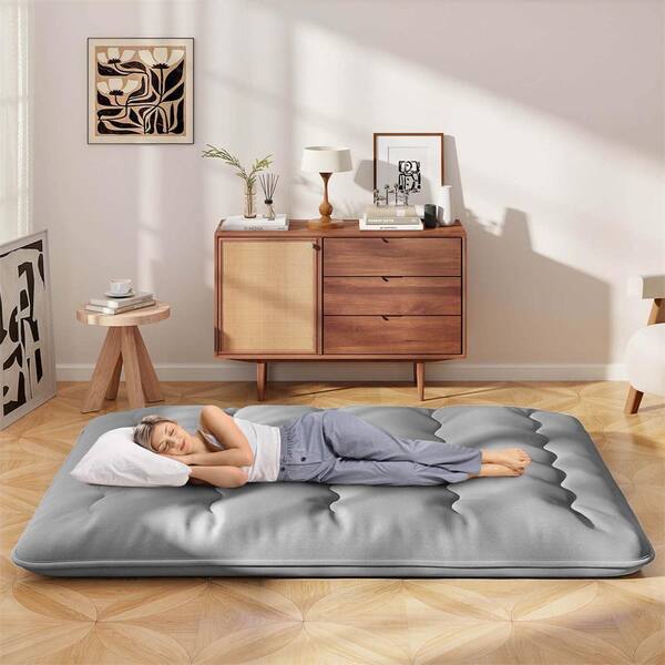 Costway 4 in. Queen Futon Mattress Japanese Floor Pad with Washable Cover Carry Bag Grey HCST03136 The Home Depot
