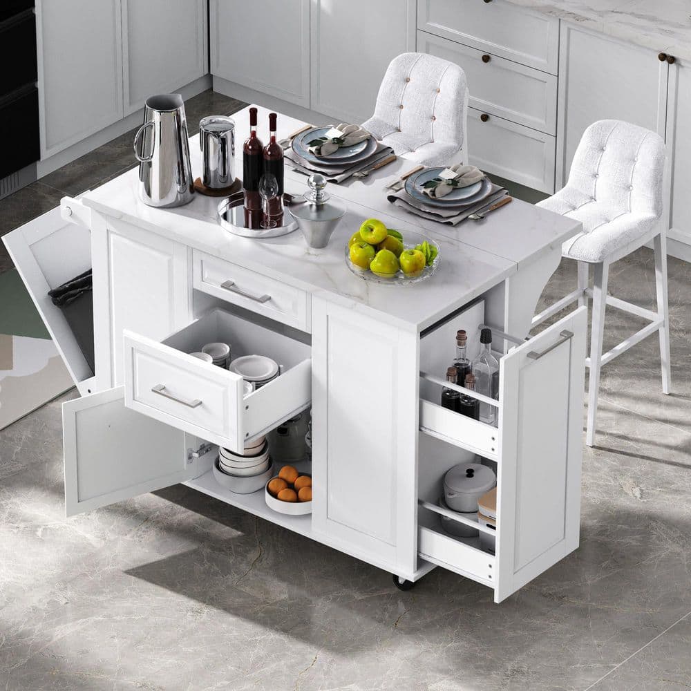 Classic White Wood MDF 50.7 in. W Kitchen Island with Storage Tilt ...