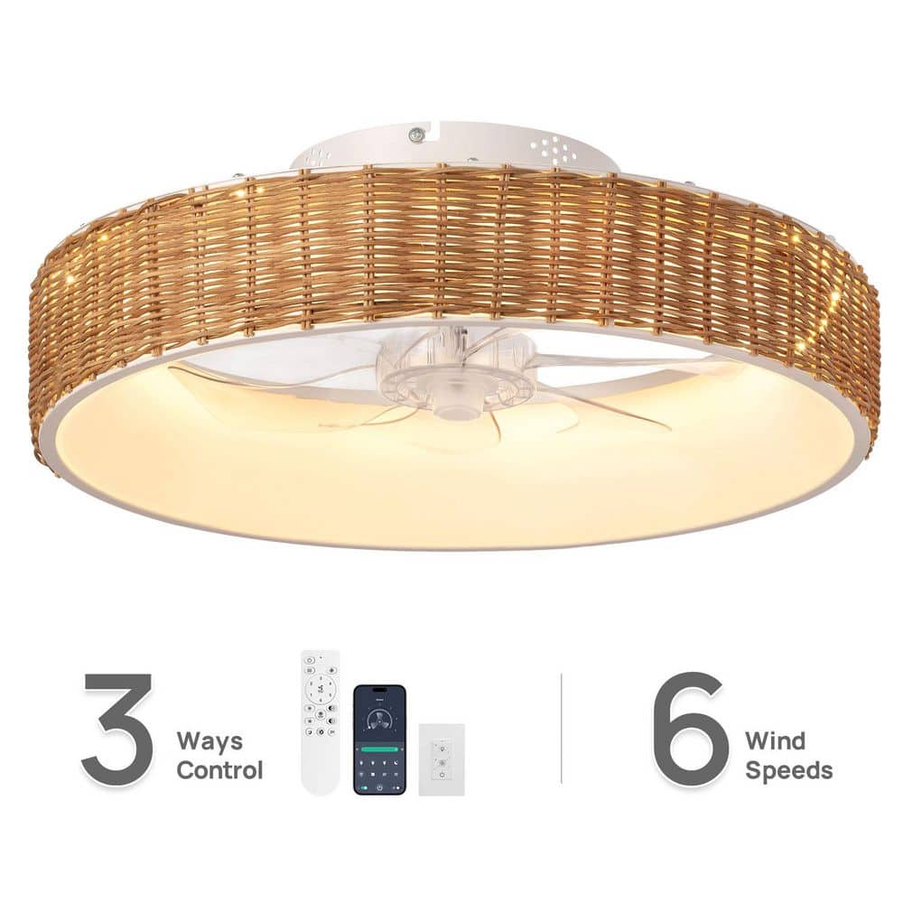 WDETR 20 in. Indoor Coffee Boho Flush Mount Rattan Ceiling Fan with ...