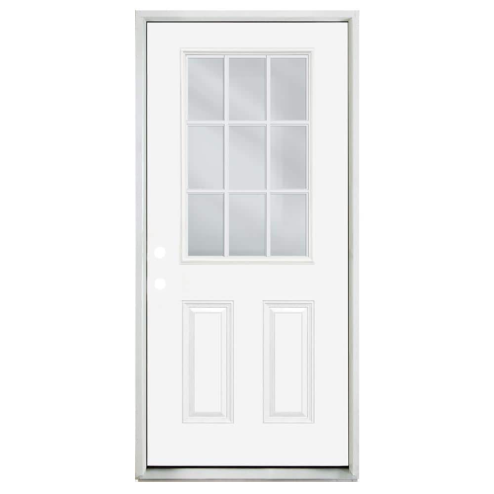 Builders Choice 32 in. x 80 in. Right-Hand/Inswing 9-Lite Clear Glass Primed Steel Prehung Front ...
