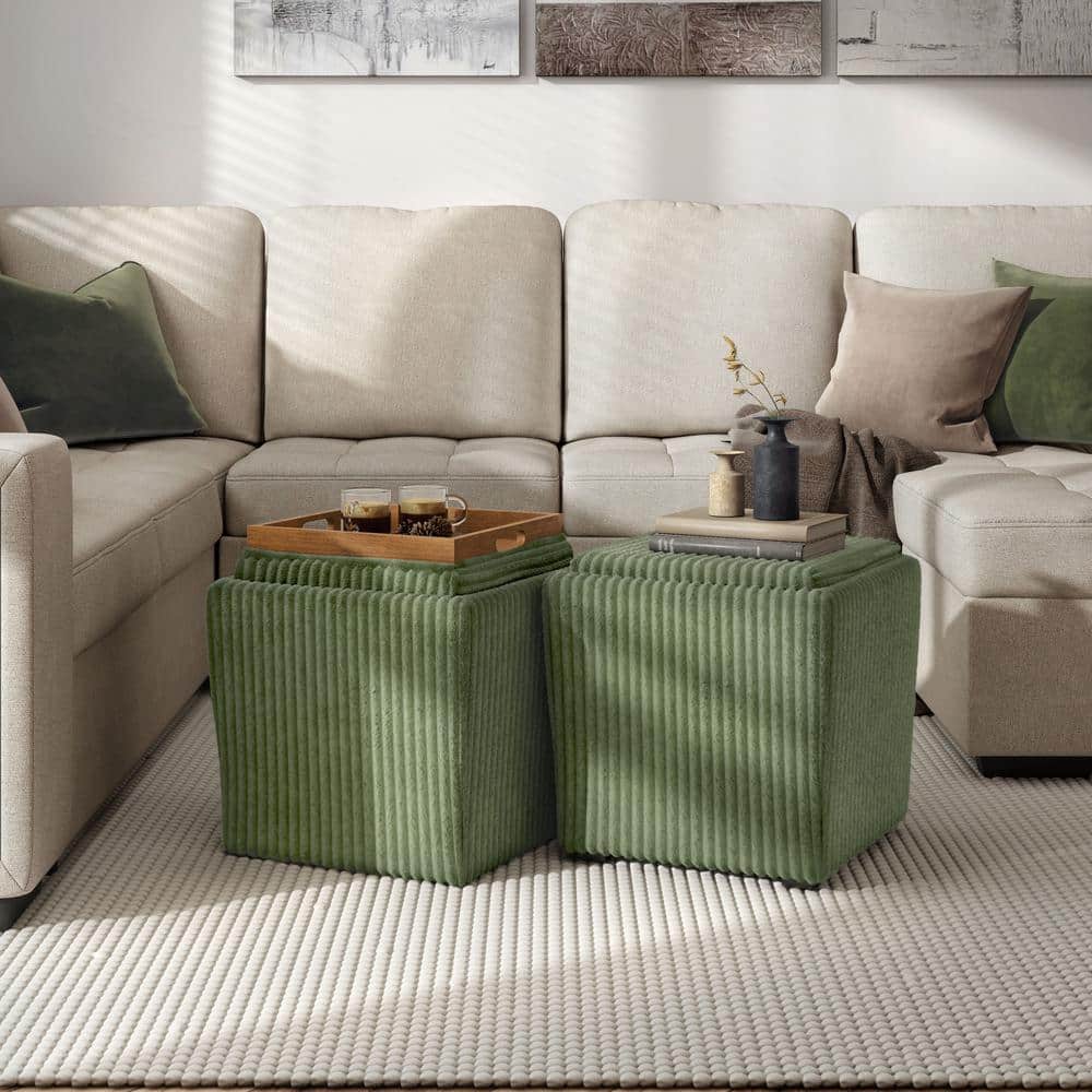 Furniture of America Fana Green Corduroy Fabric Square Storage Ottoman ...