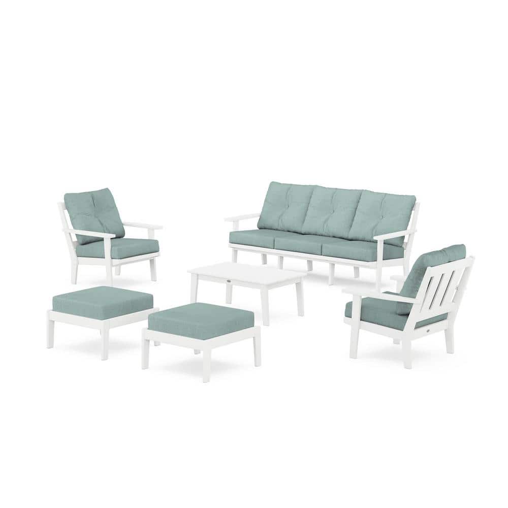 POLYWOOD Oxford 6-Pcs Plastic Lounge Sofa Set in White/Glacier Spa ...