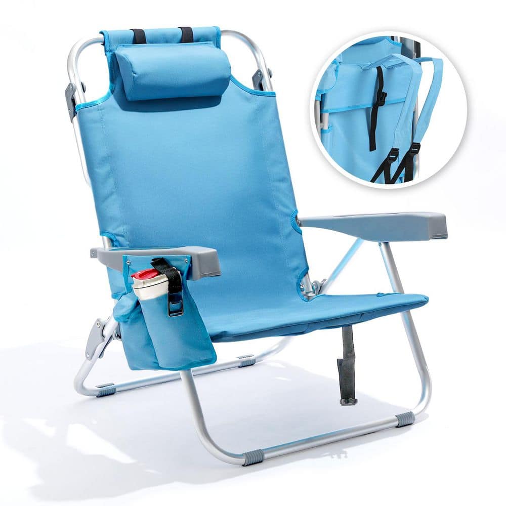 PASAMIC Sky Blue Aluminum Folding Adjustable Headrest Medium Beach Chair with (1-Pack) CC ...