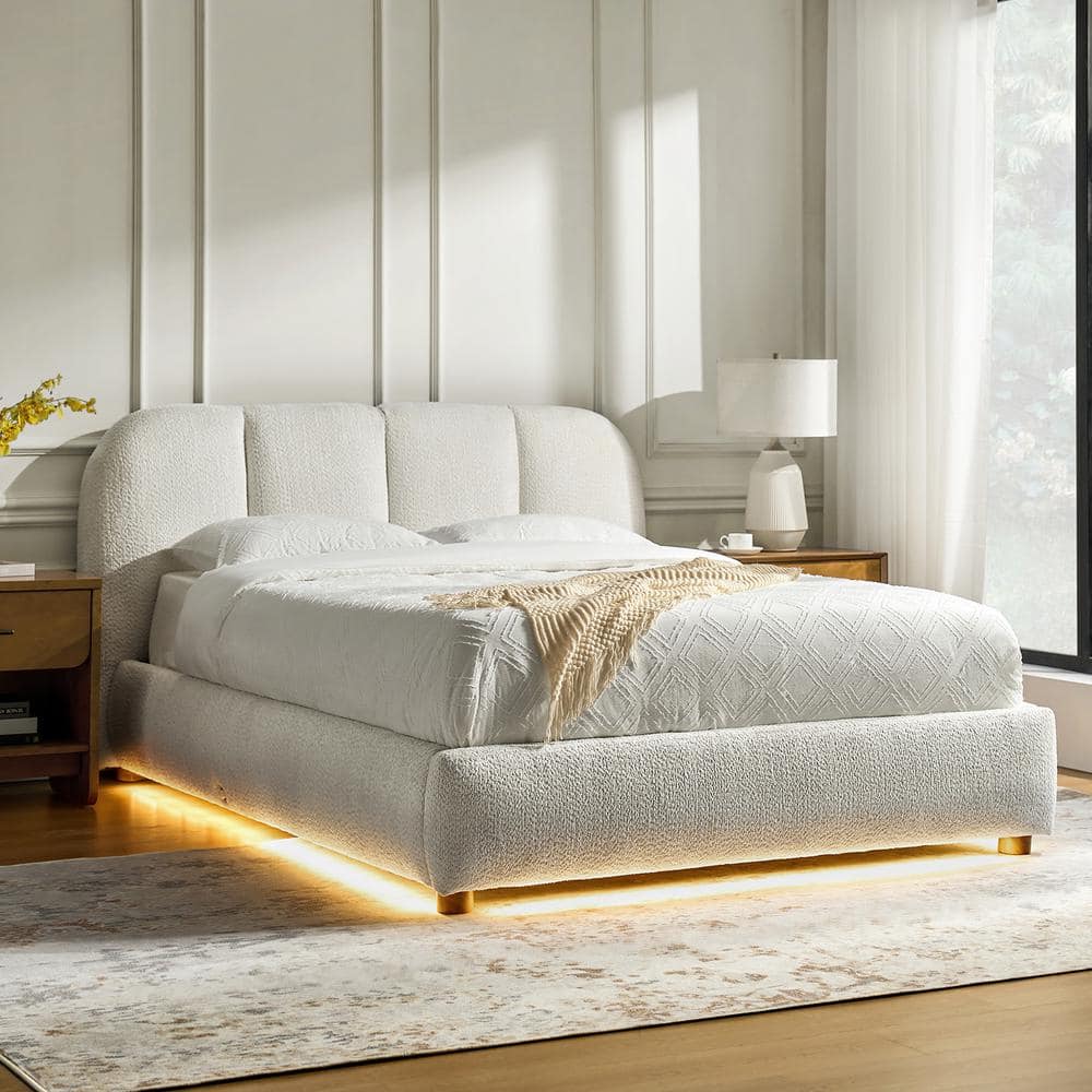 JAYDEN CREATION Fernando White Wood Frame Upholstered King Platform Bed ...