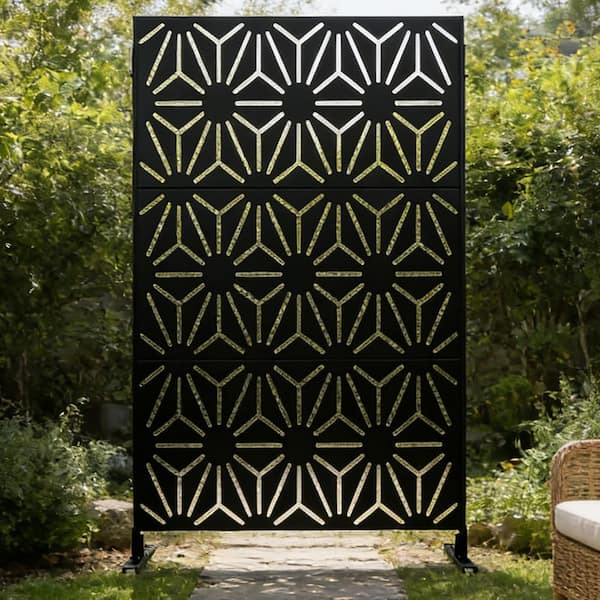Outsunny 6.5FT Metal Outdoor Privacy Screen with Stand and Ground Stakes, Freestanding Privacy ...