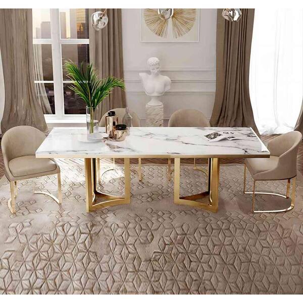 ANGELES HOME White 71 in. Modern Marble Rectangular Tabletop Gold ...