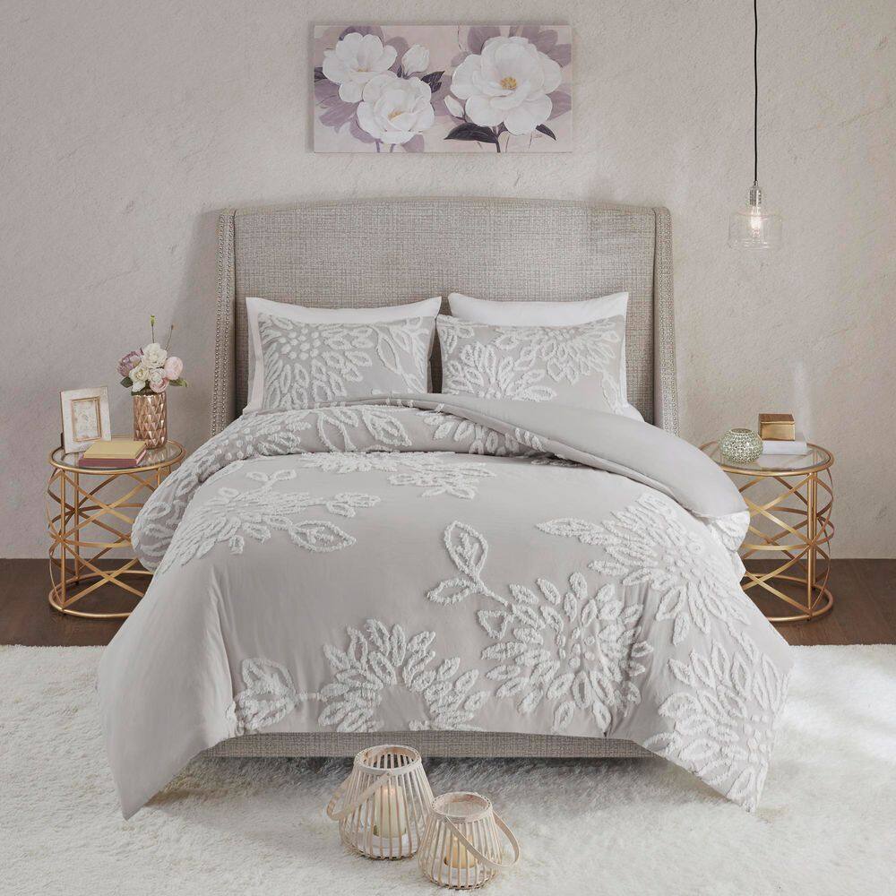 Madison Park Pansy 3-Piece Warm Grey/White Cotton Full/Queen Comforter ...