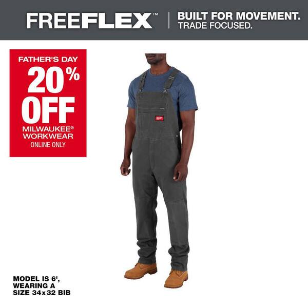 Milwaukee Men's Gray 30 in. x 34 in. FREEFLEX Unlined Bib Overalls ...