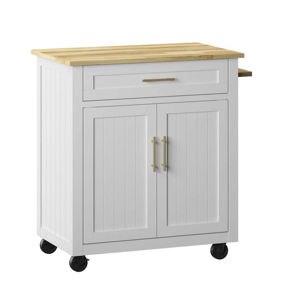 Twin Star Home 32 in. White Kitchen Cart with Panel Doors and Drawer ...