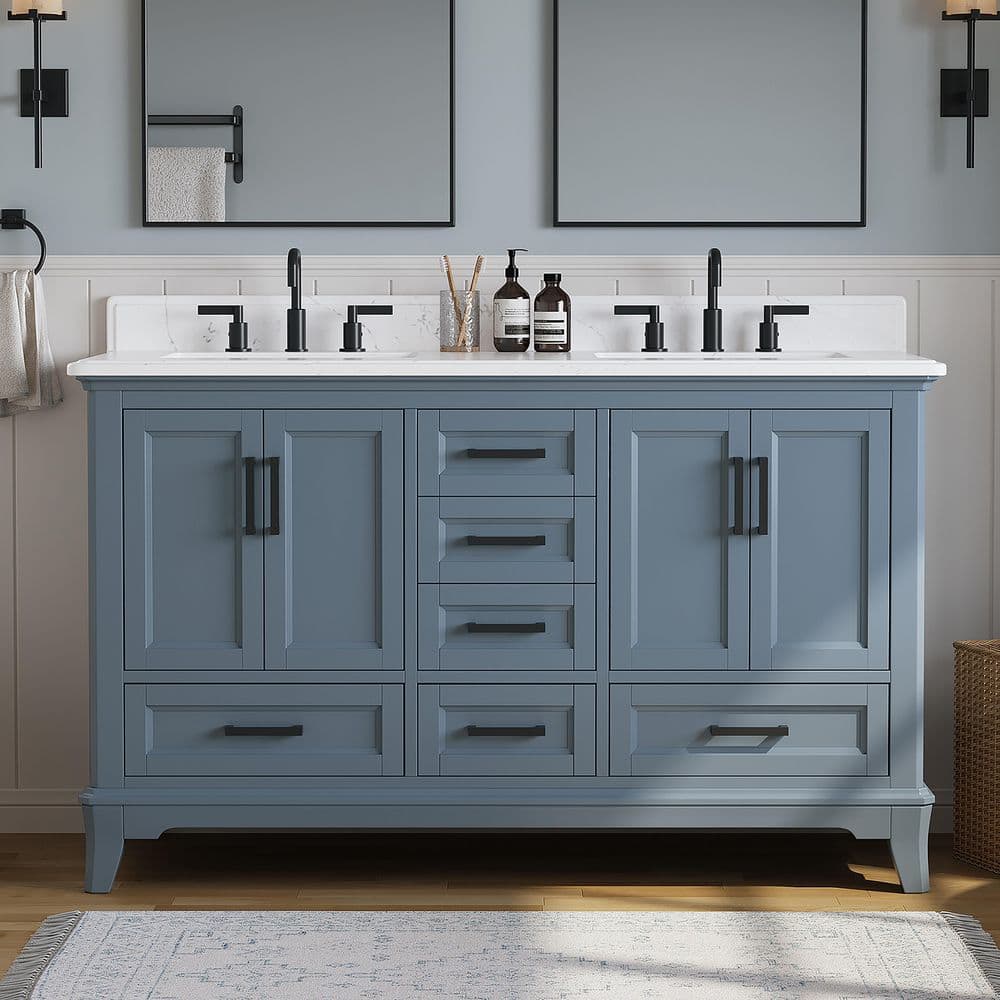 DELUXE DL LIVING Rawsonville 61 in. Double Sink Freestanding Steel Blue ...