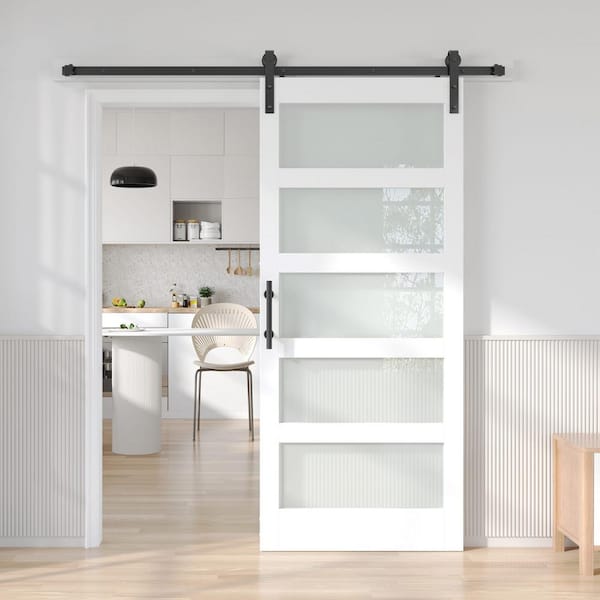 38 in. x 84 in. 5-Lite Frosted Glass White Finished MDF Sliding Barn ...