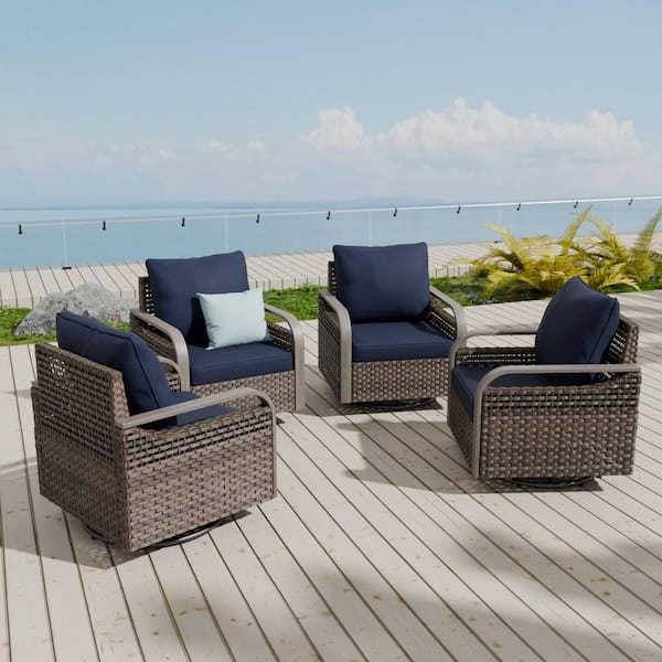 COOS BAY Brown Wicker Outdoor Rocking Chair Patio Swivel Chair with Blue Cushions (4-Pack) CBM ...