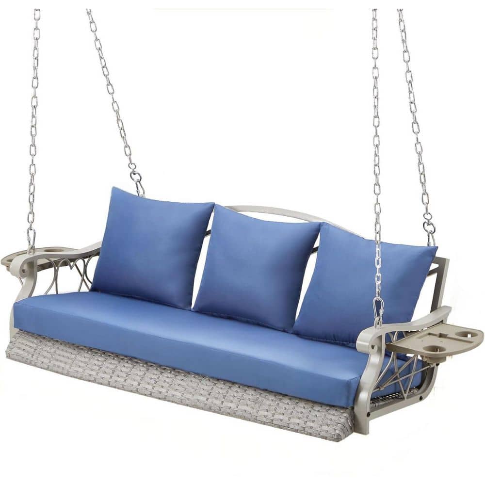 Reviews for DENISLAWN 3-Person Gray Wicker Porch Swing with Light Blue ...