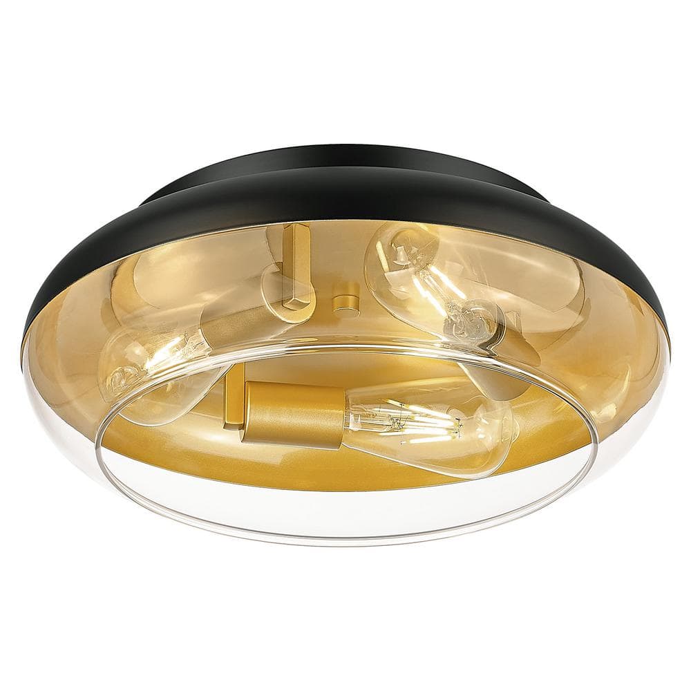 JAZAVA 15 in, 3-Light Black and Gold Vintage Flush Mount with Clear ...