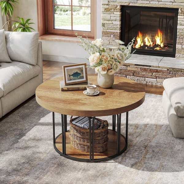 BYBLIGHT Allan 35 in. Light Brown Round MDF Coffee Table with Shelf and ...