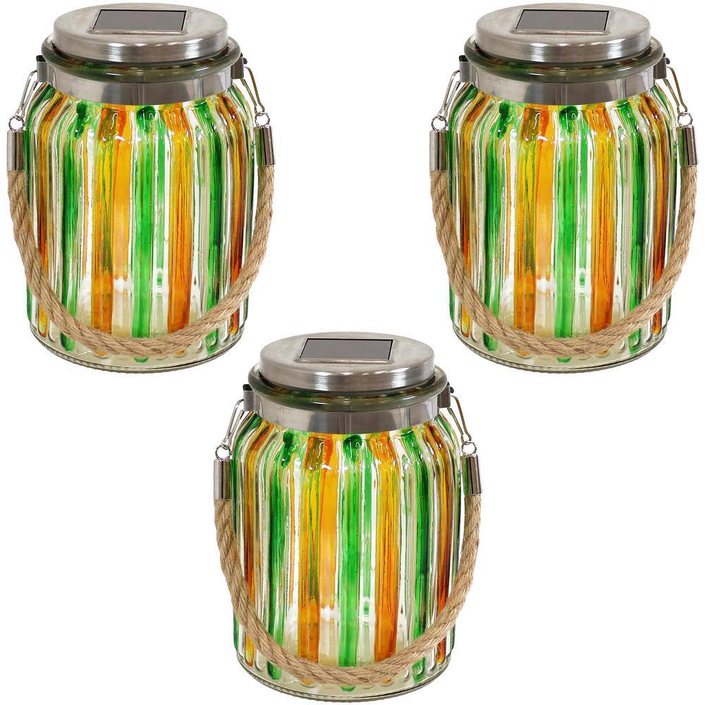 Sunnydaze Solar Green and Yellow Glass Jar Integrated LED Lantern ...