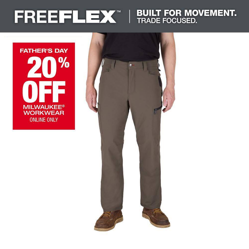 Milwaukee Men's 36 in. x 30 in. Brown FREEFLEX Tech Work Pants with 7 ...
