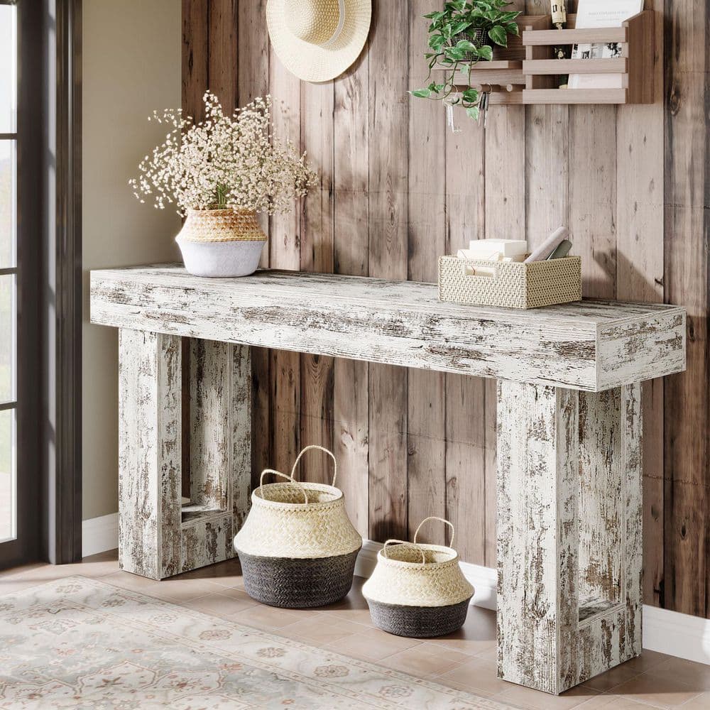 BYBLIGHT Turrella 63 in. Distressed White Sofa Table Rectangle Wood ...