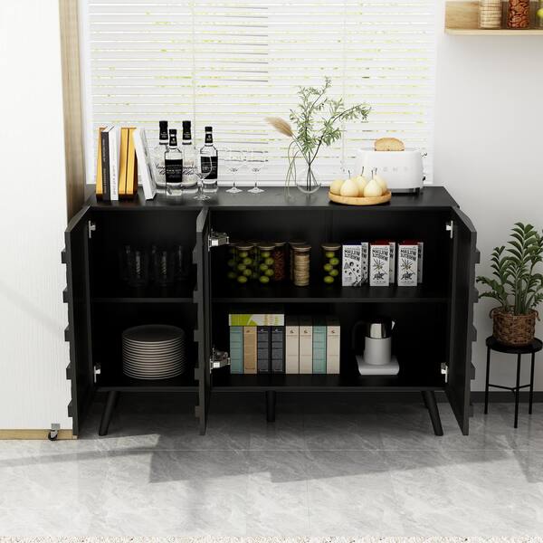 FUFU GAGA Black Wooden 47.2 in. Width Sideboard Storage Cabinet Dresser with 4 Shelves and Wavy Alternating Stripes Surface L THD 330079 01 c1