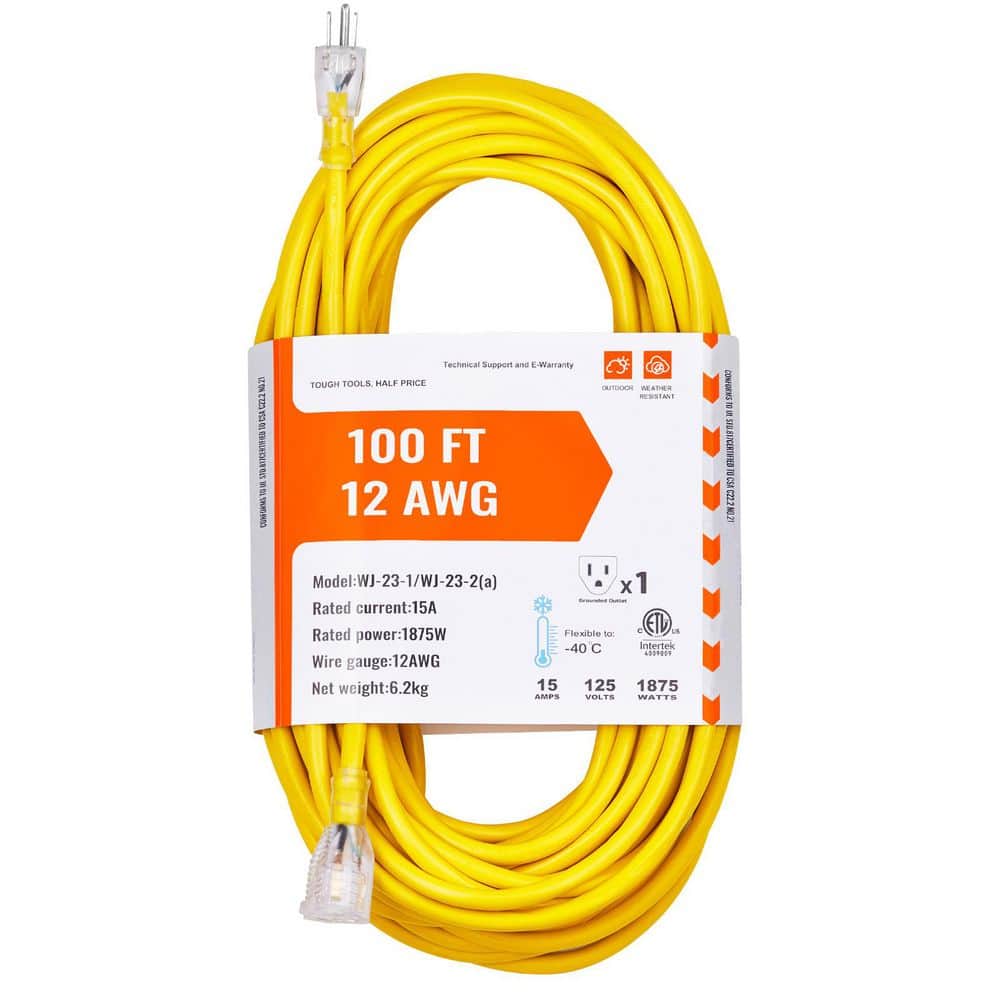 SKYSHALO 100 ft. Heavy Duty Extension Cord 12AWG 15 Amp 125-Volts 1875W ...