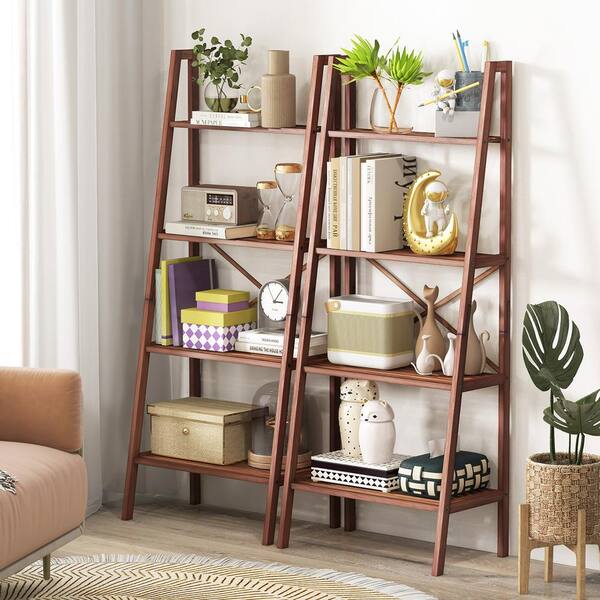 Gymax 58 in. Tall Walnut Bamboo 4 Shelves Ladder Bookshelf Storage Rack Plant Flower Stand GYM14262 The Home Depot