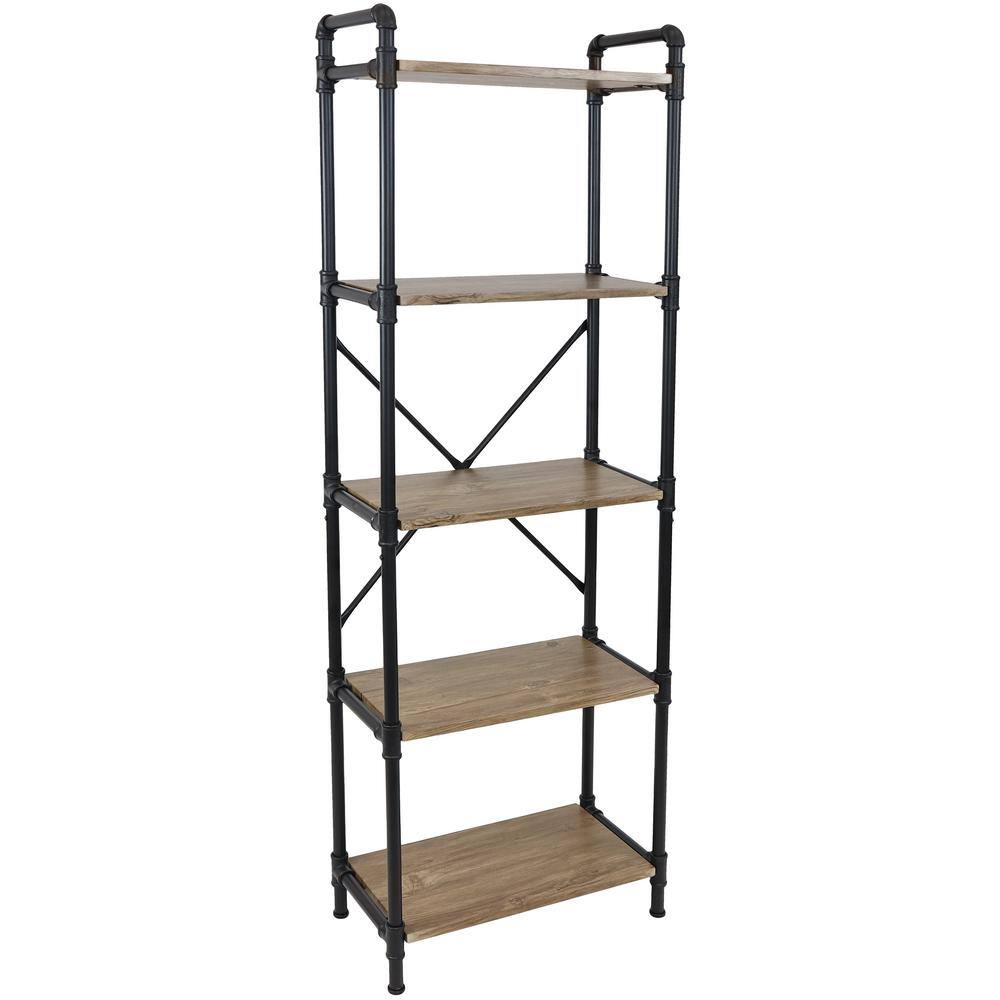Sunnydaze 71 in. Brown MDF 5-Shelf Standard Bookcase with Black Pipe ...