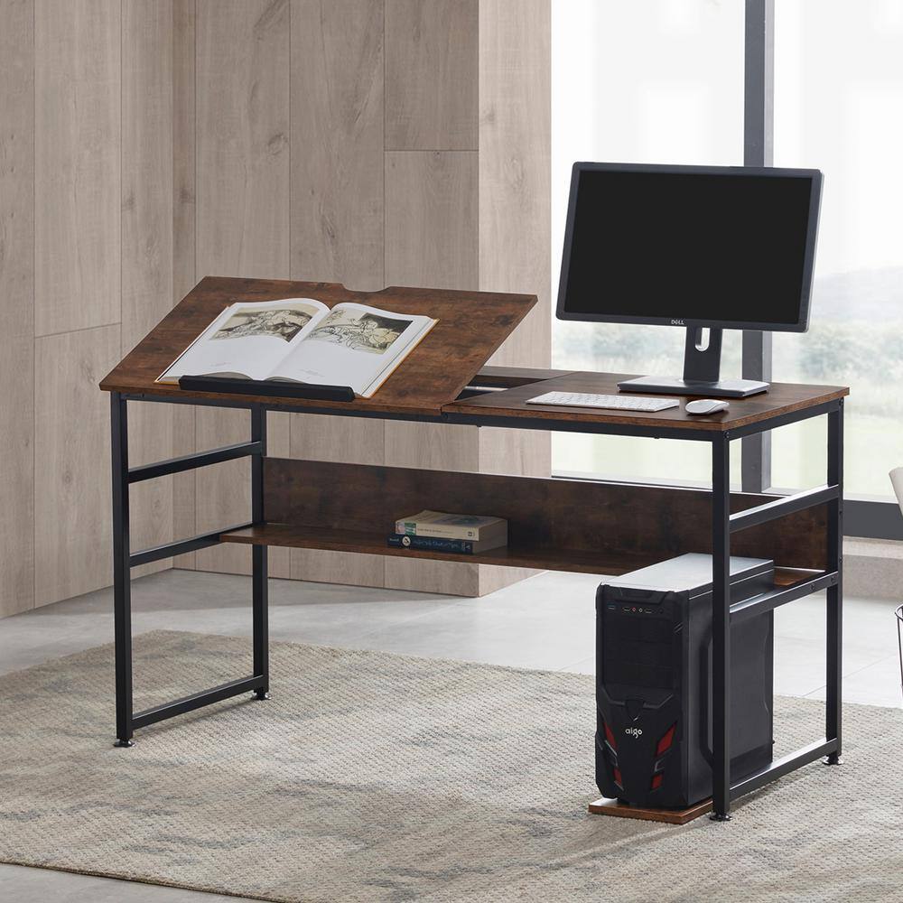 Magic Home 22.6 in.W L Shaped Walnut MDF Desktop Metal Frame Computer ...