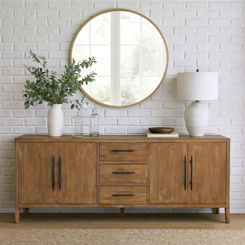 Benjara Tuley Brown Wood Sideboard Buffet Cabinet with 3-Drawers and 2 ...