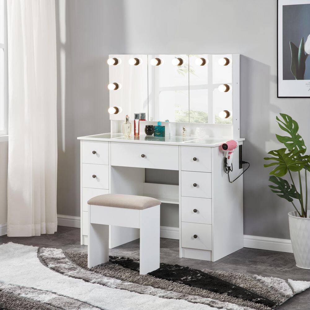 Homy Casa SNOY 11-Drawers Snow White Makeup Vanity Set with Tri-Fold Mirror, Cushioned Stool ...
