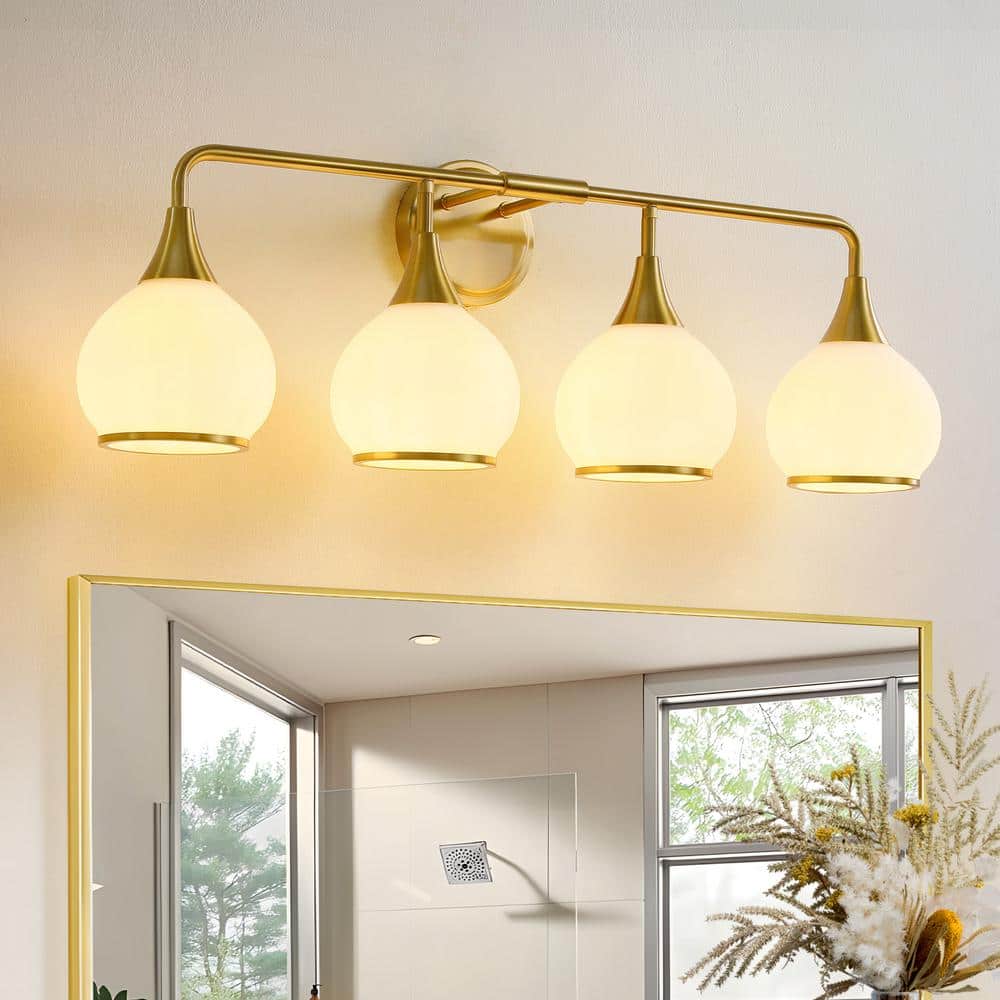 KAISITE 30 in. 4 Light Brushed Gold Vanity Light With White Globe Glass ...