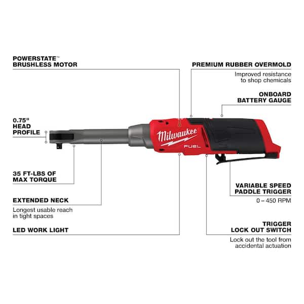 Milwaukee M12 FUEL 12V Lithium-Ion Brushless Cordless 3/8 in. Extended Reach High Speed Ratchet ...